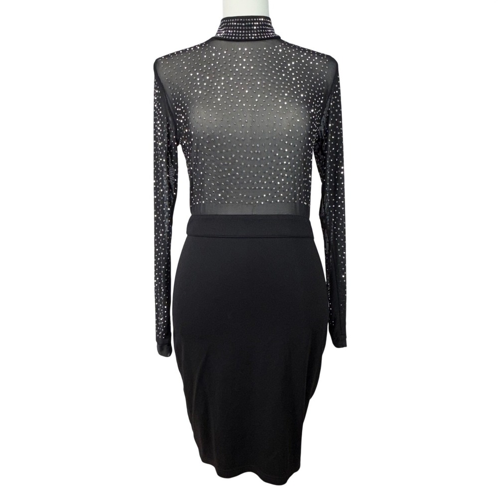 Black Rhinestone Sheer Mesh Long Sleeve Bodycon Party… - Gem